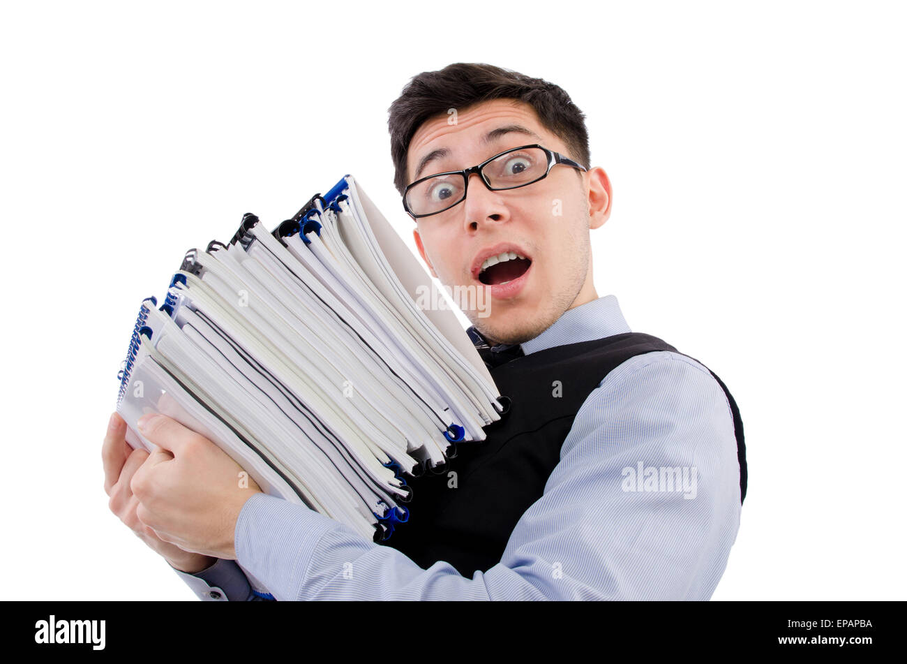 Funny man with lots of folders on white Stock Photo - Alamy