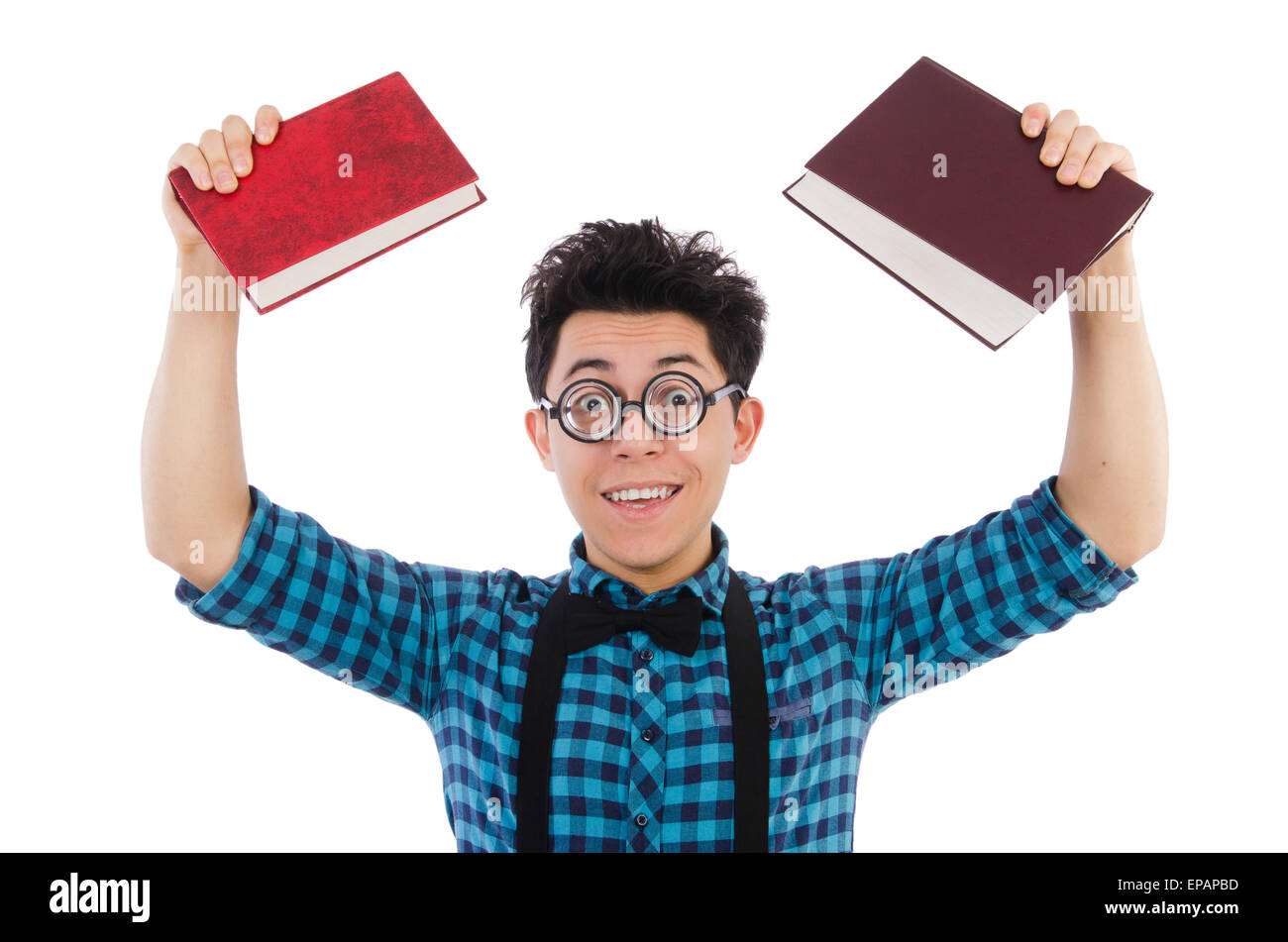 Funny student with books on white Stock Photo - Alamy