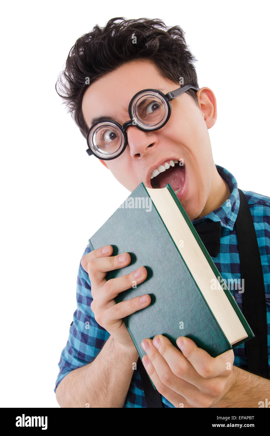 Funny student with books on white Stock Photo - Alamy