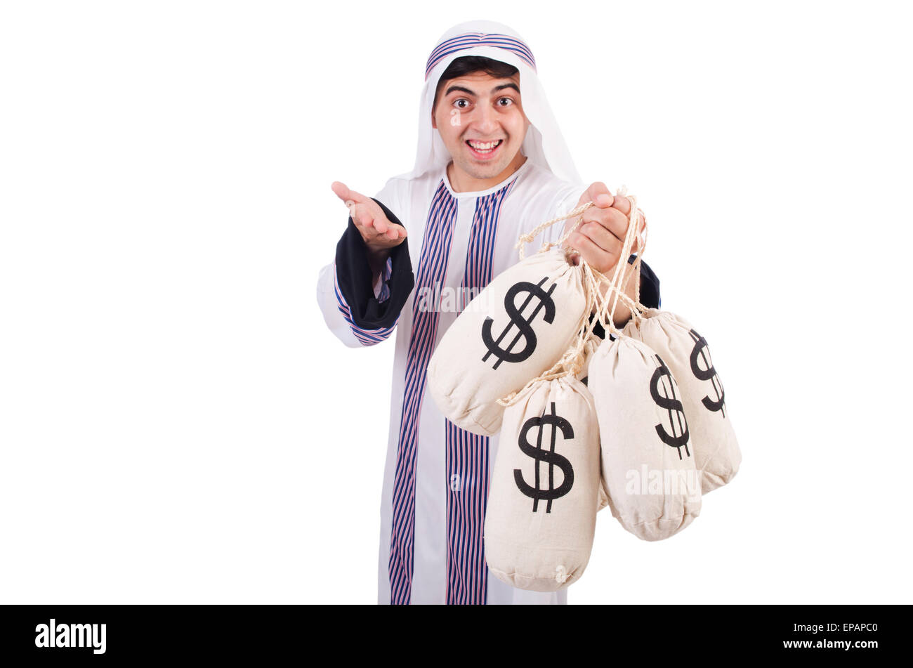 Arab man with money sacks isolated on white Stock Photo - Alamy