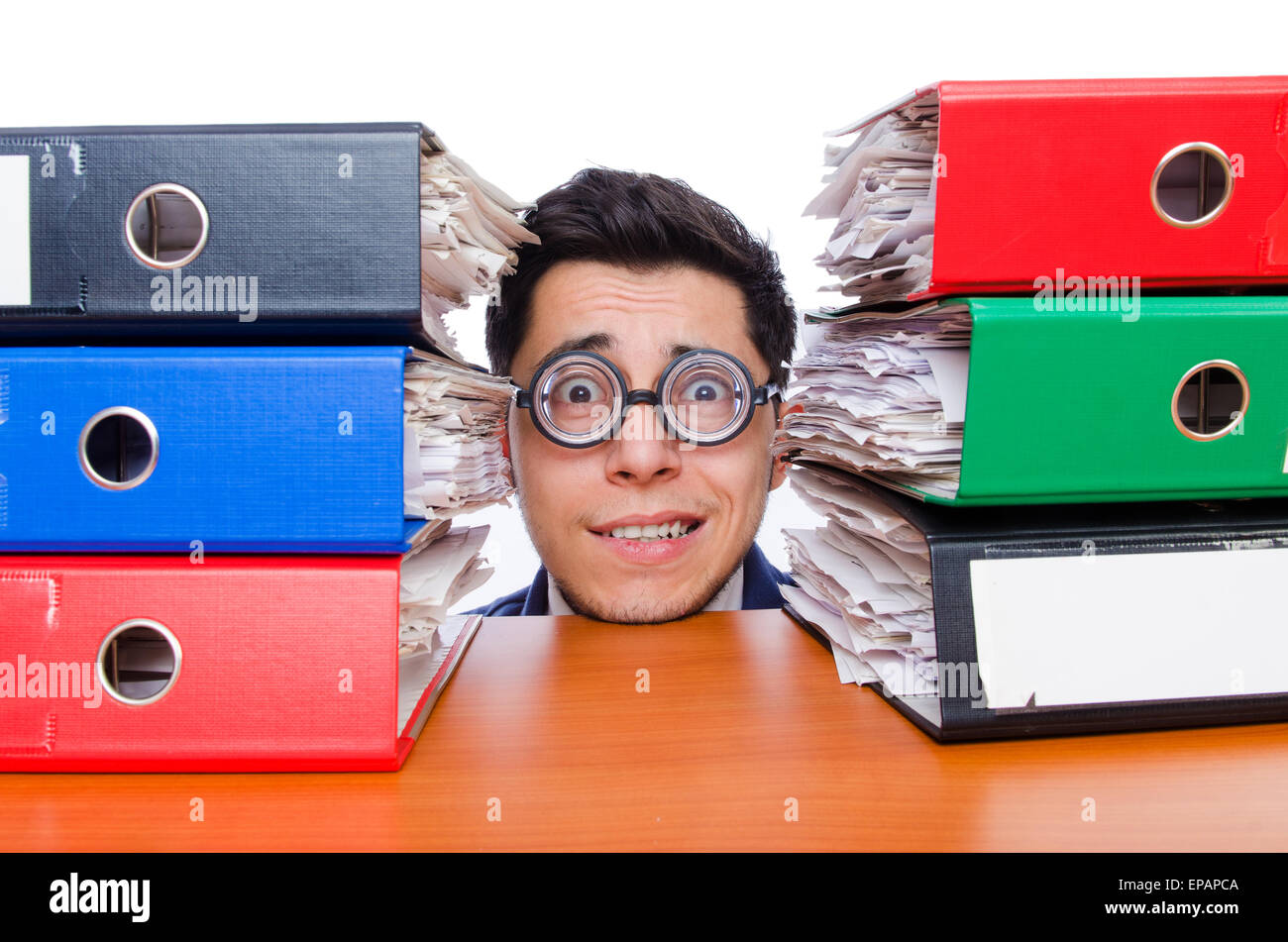 Funny man with lots of folders on white Stock Photo - Alamy