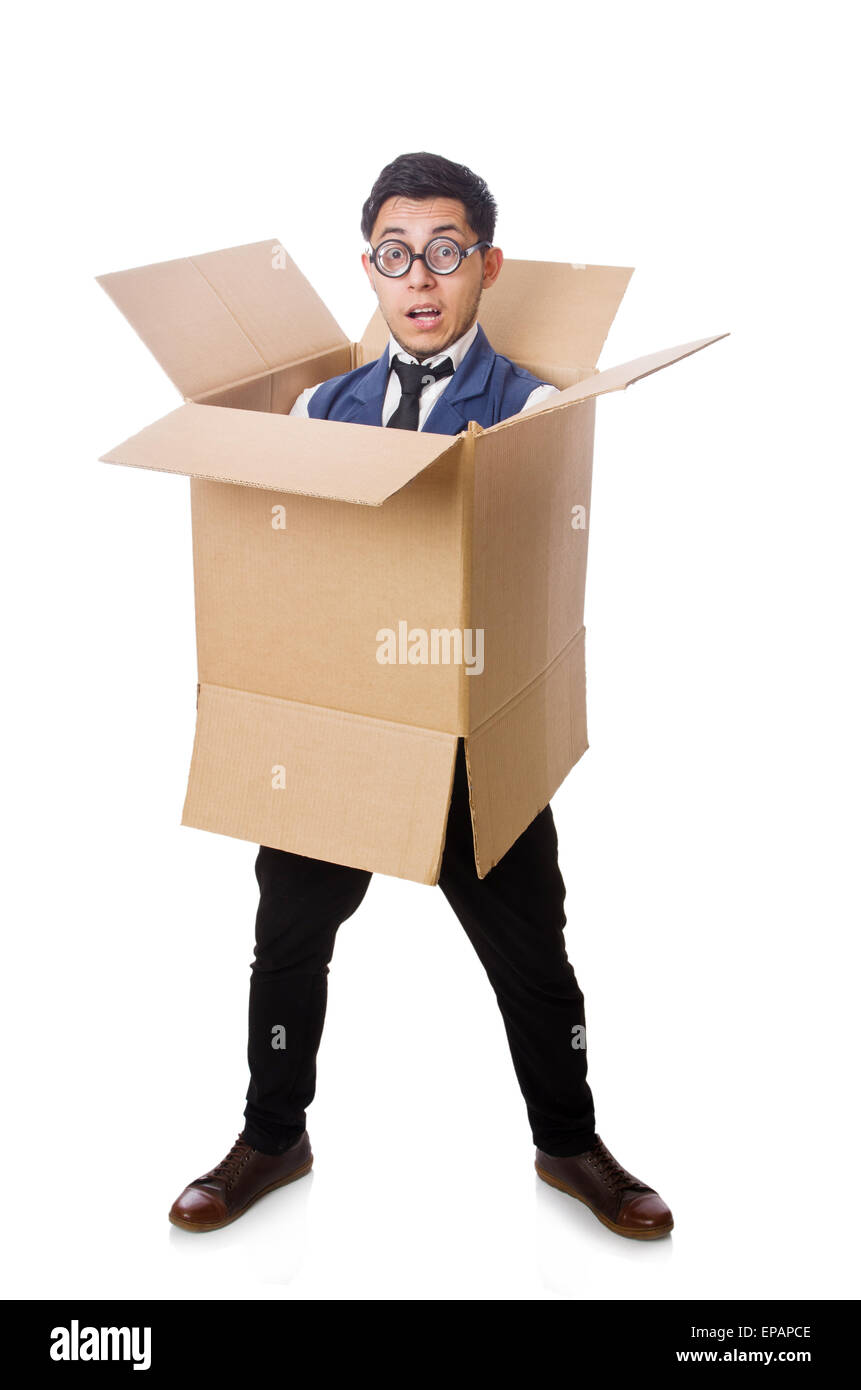Man in thinking outside the box concept Stock Photo - Alamy