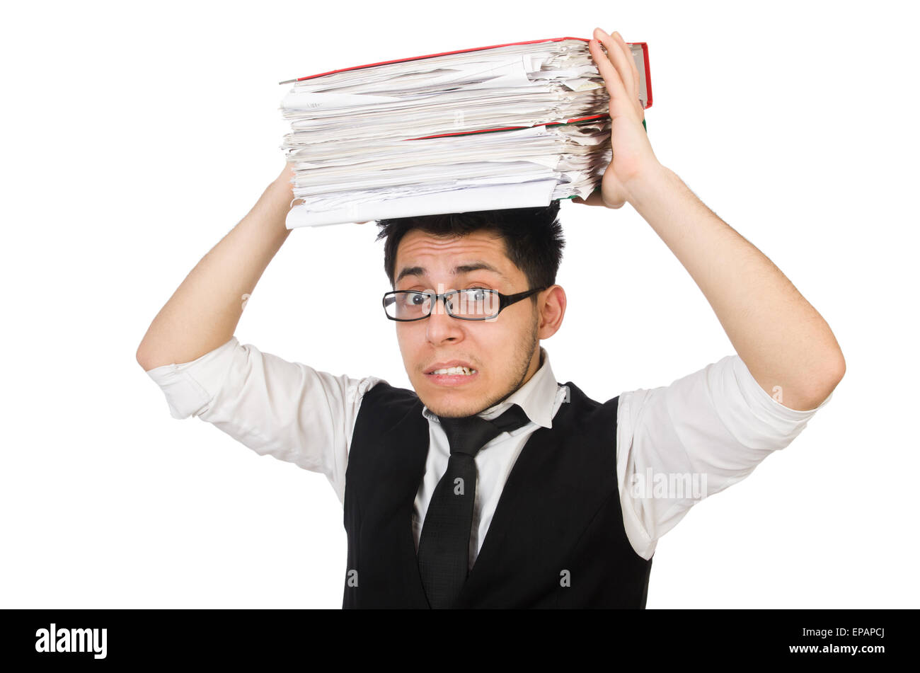 Funny man with lots of folders on white Stock Photo - Alamy
