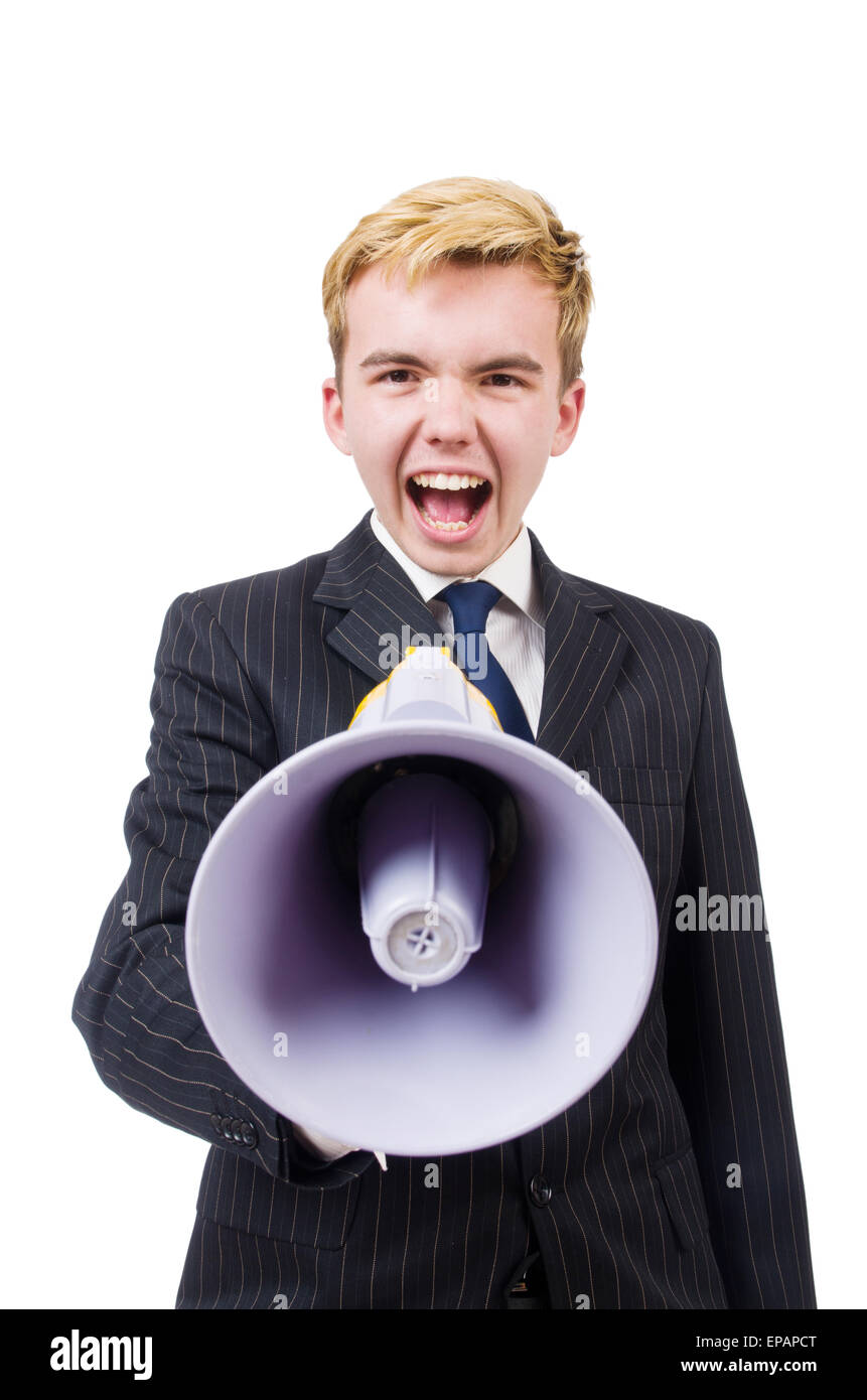 Funny man with loudspeaker on white Stock Photo - Alamy