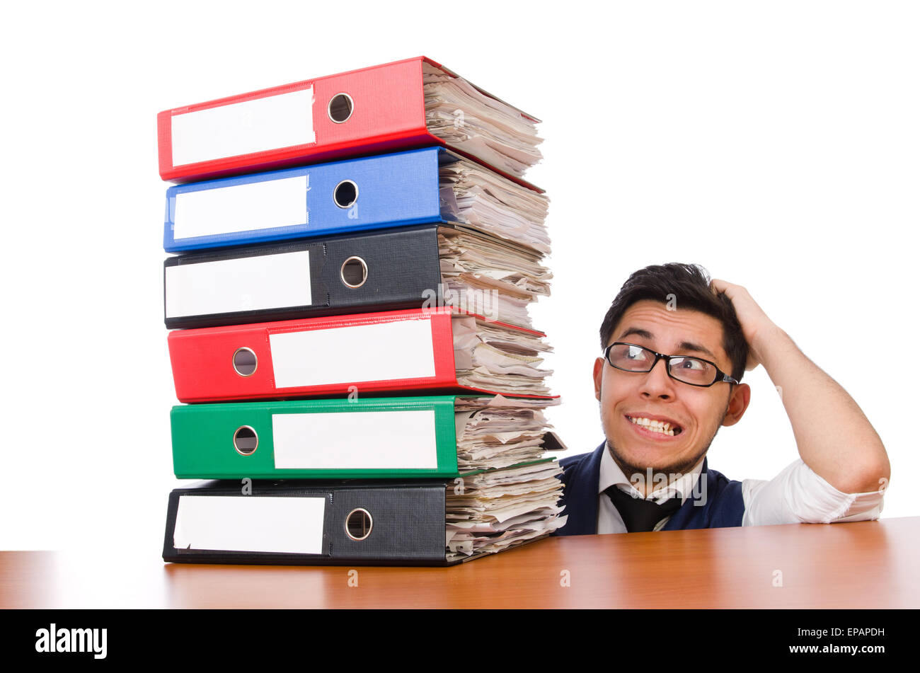 Funny man with lots of folders on white Stock Photo - Alamy
