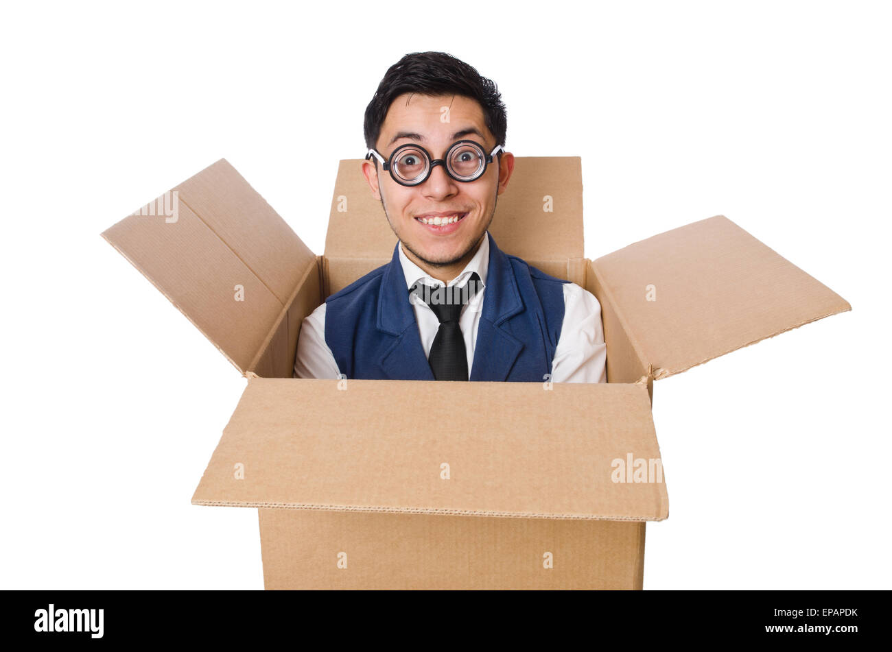 Man in thinking outside the box concept Stock Photo - Alamy