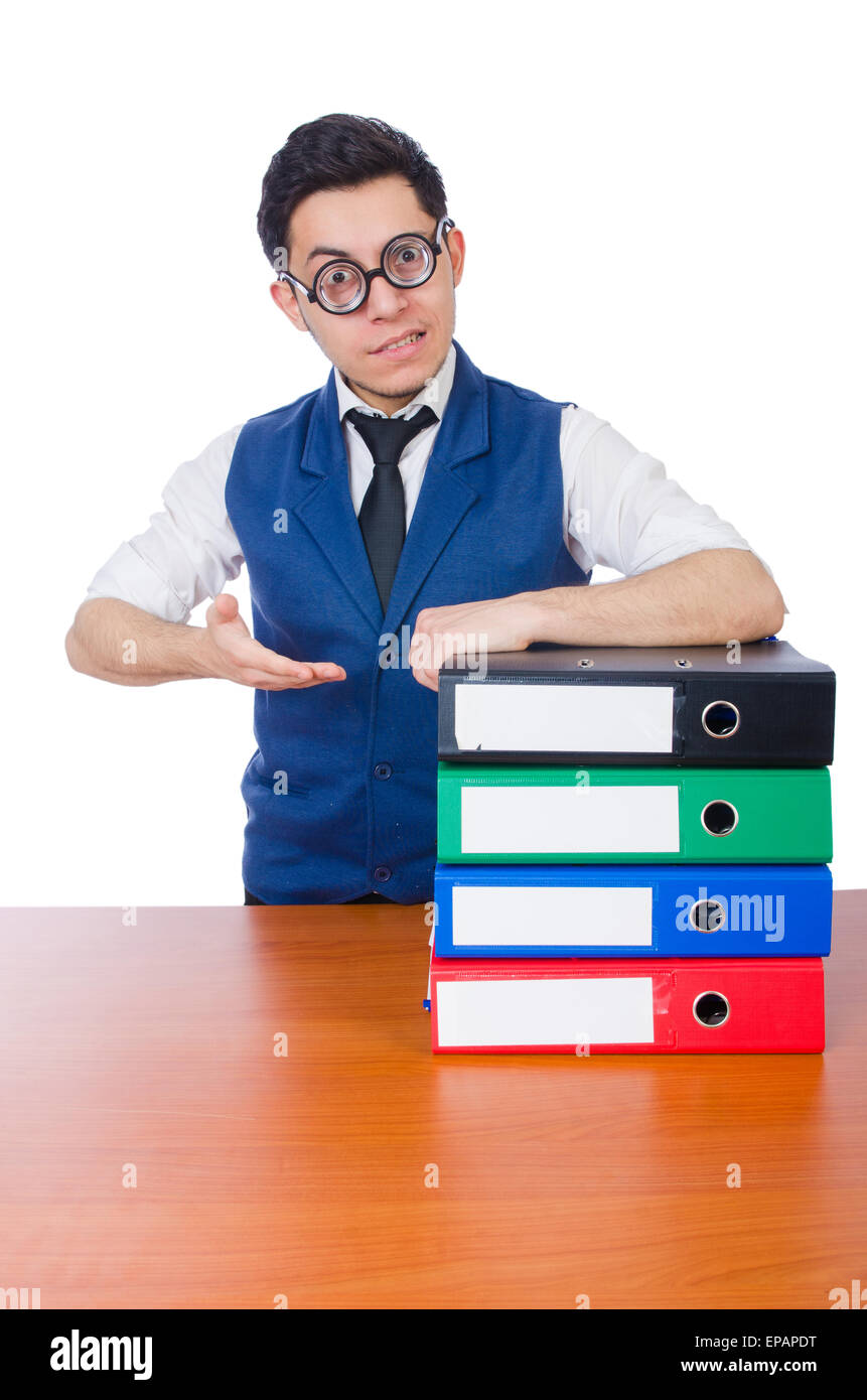 Funny man with lots of folders on white Stock Photo - Alamy