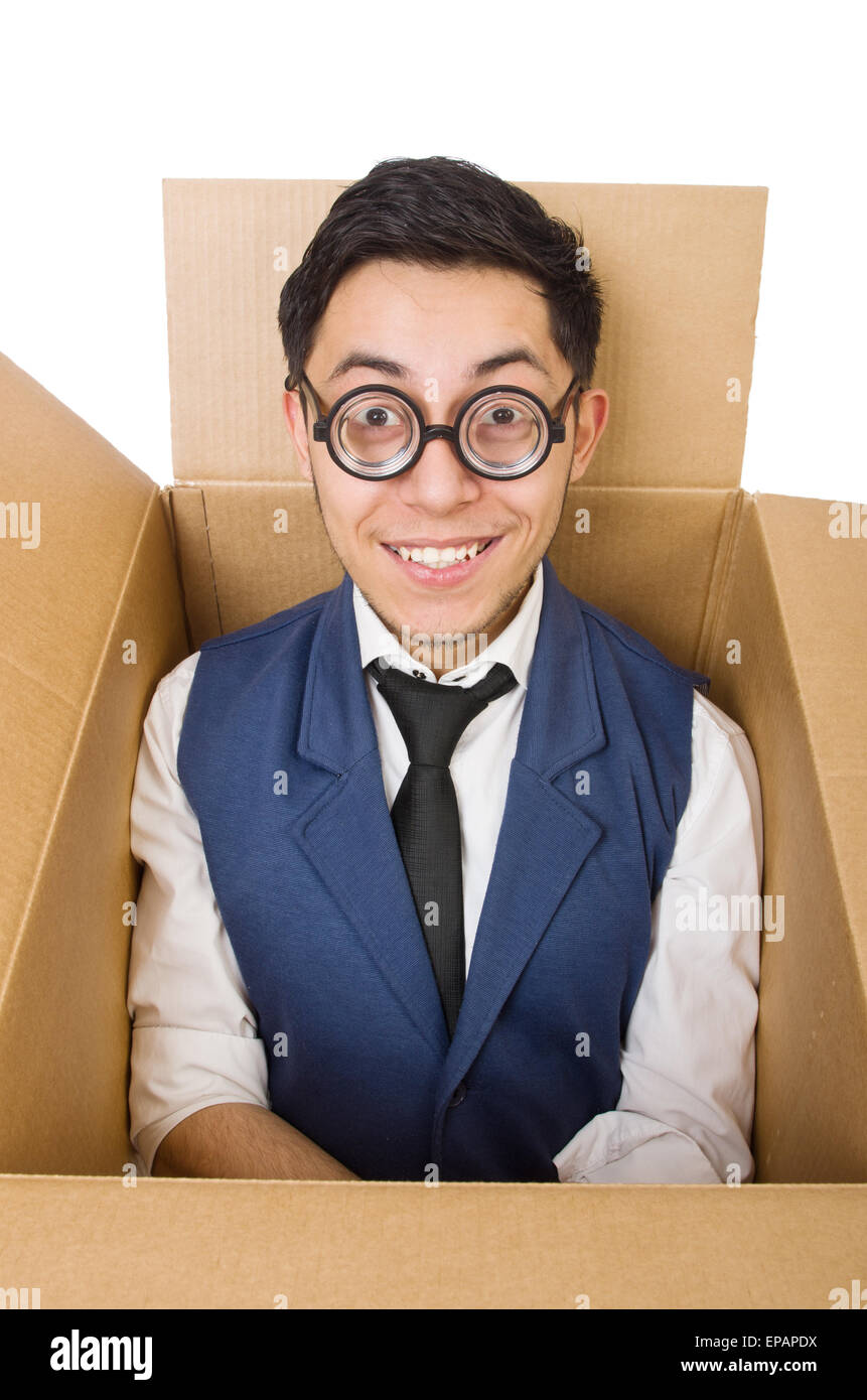 Man in thinking outside the box concept Stock Photo - Alamy