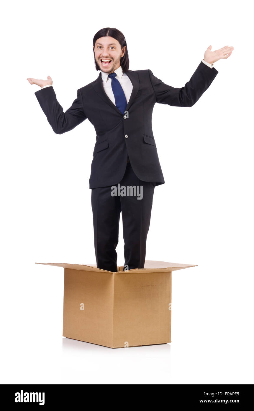 Man in thinking out of the box concept Stock Photo - Alamy