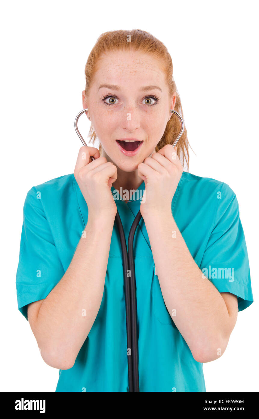 Young medical trainee with stethoscope isolated on white Stock Photo ...