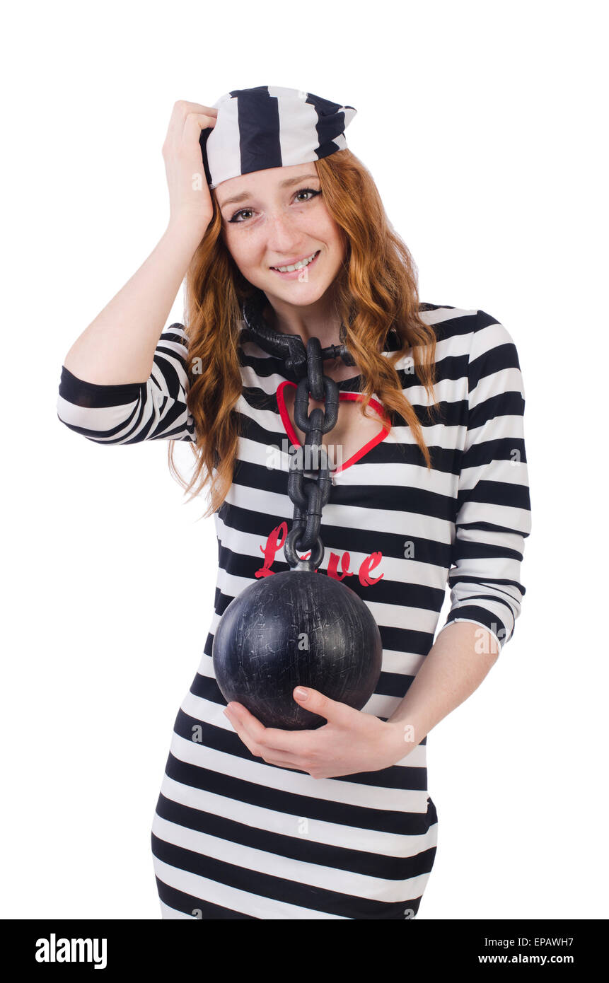 Young smiling woman-prisoner isolated on white Stock Photo - Alamy