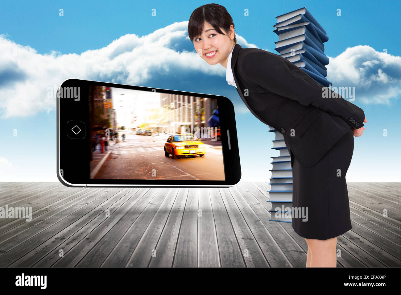 Composite image of smiling businesswoman bending Stock Photo - Alamy