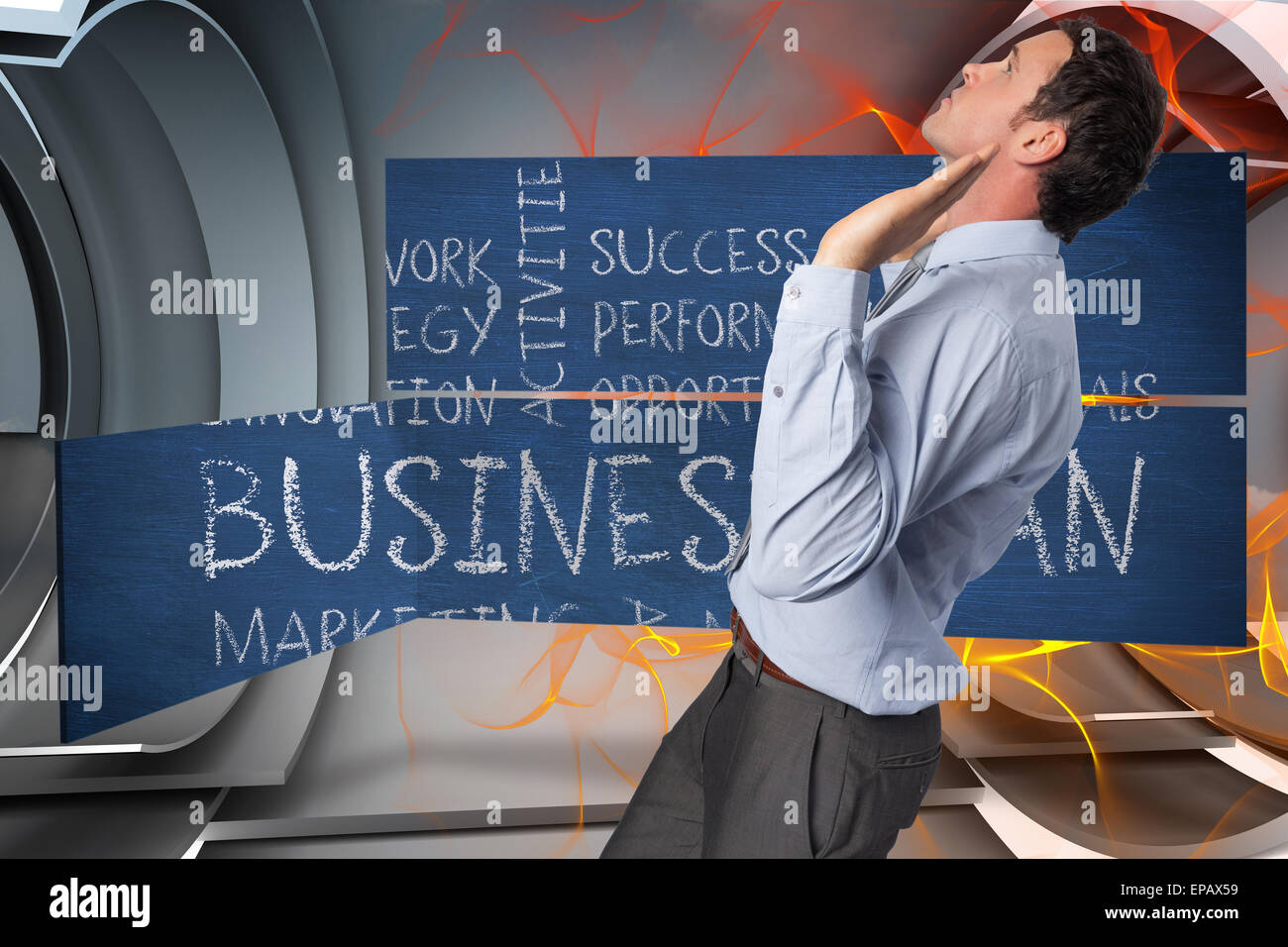 Composite image of businessman standing with arms pushing up Stock ...