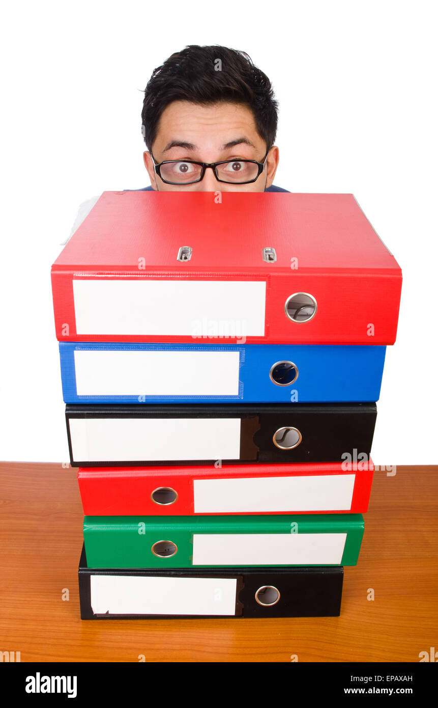 Funny man with lots of folders on white Stock Photo - Alamy