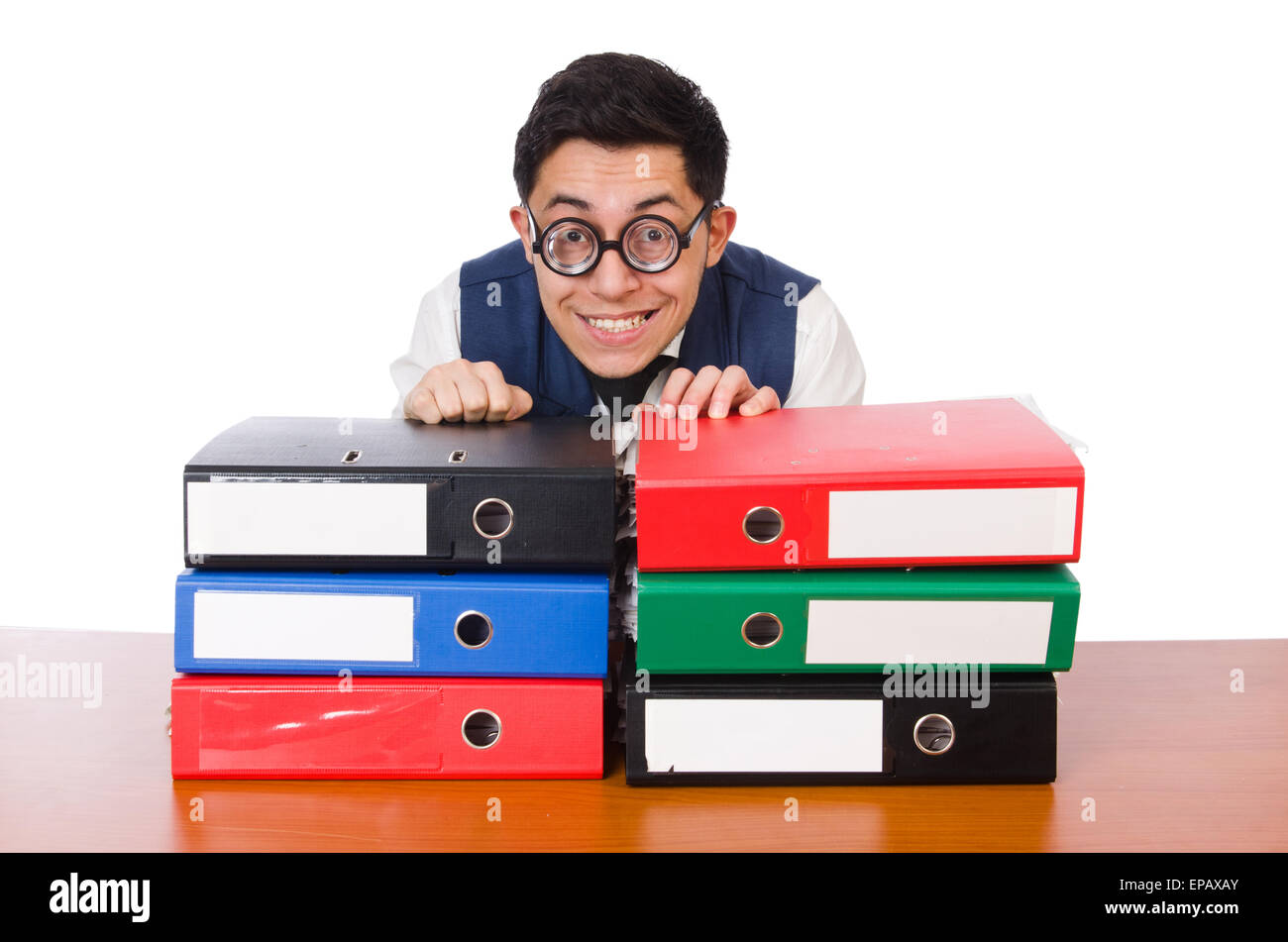 Funny man with lots of folders on white Stock Photo - Alamy
