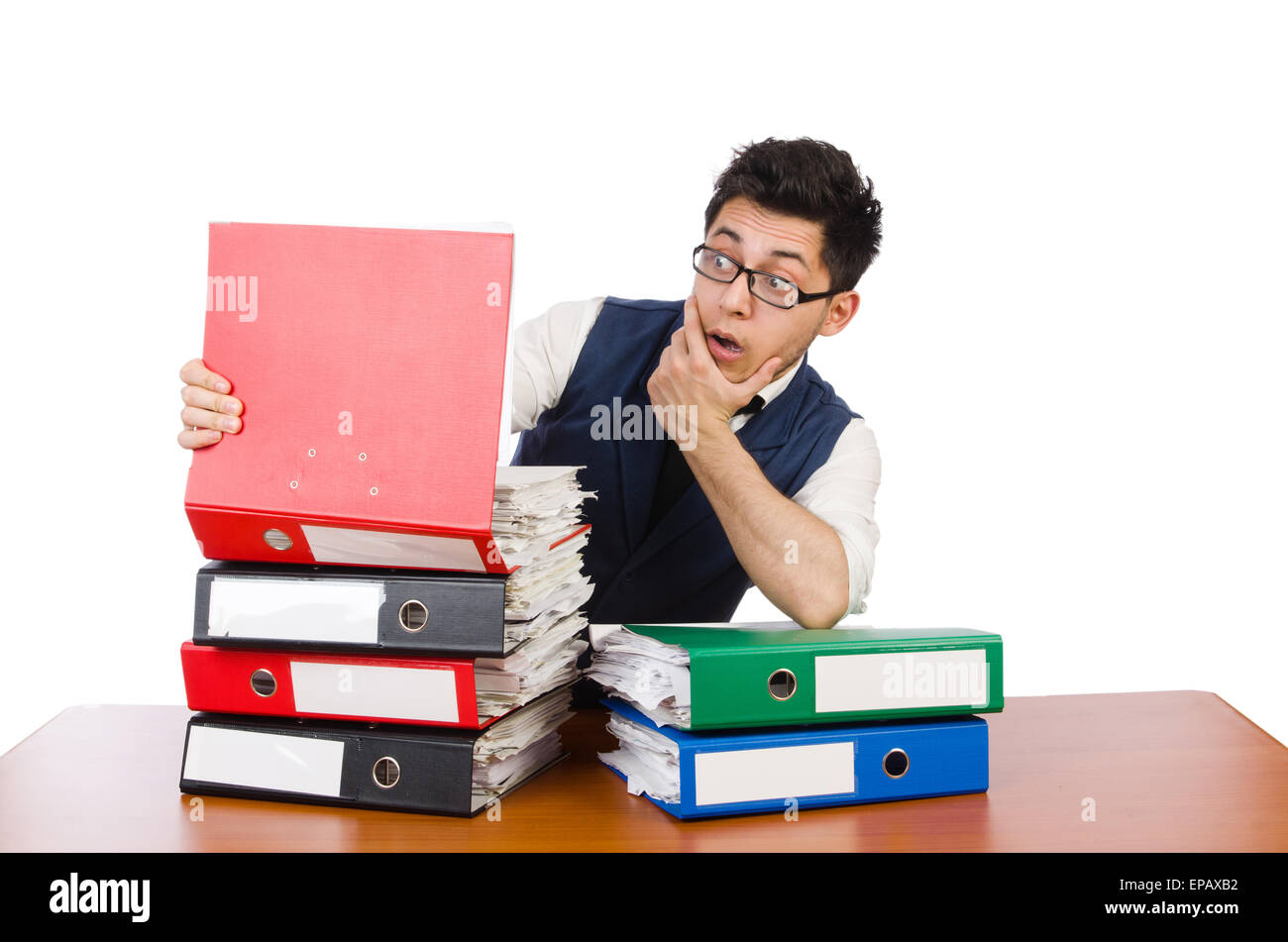 Funny man with lots of folders on white Stock Photo - Alamy