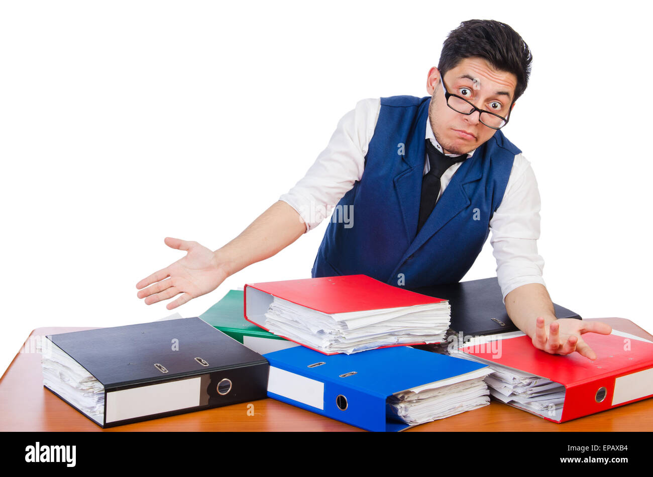 Funny man with lots of folders on white Stock Photo - Alamy