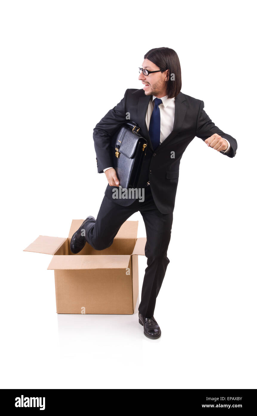 Man in thinking out of the box concept Stock Photo - Alamy
