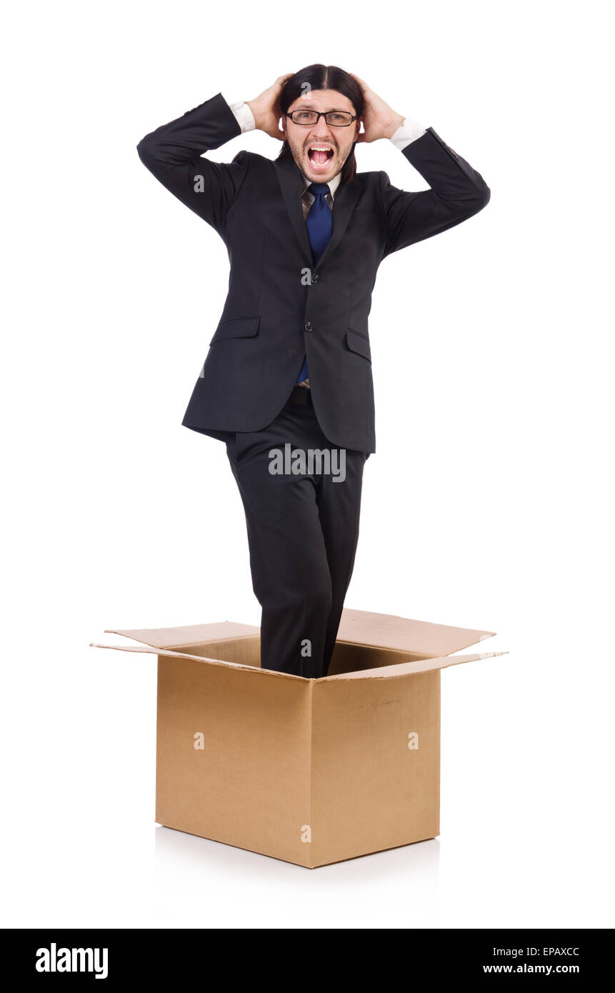 Man in thinking out of the box concept Stock Photo - Alamy