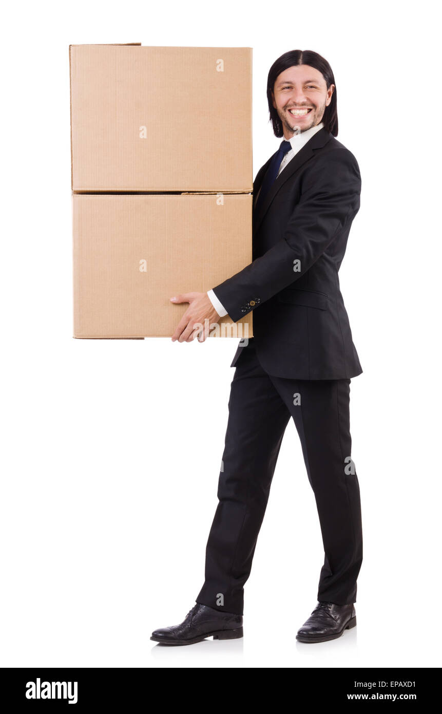 Funny man with boxes on white Stock Photo - Alamy