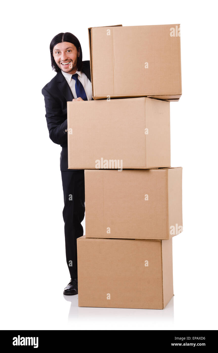 Funny man with boxes on white Stock Photo - Alamy