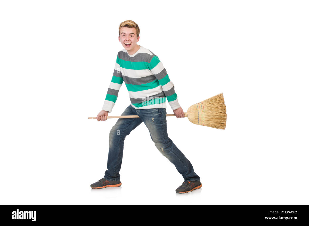 Funny man with mop isolated on white Stock Photo - Alamy