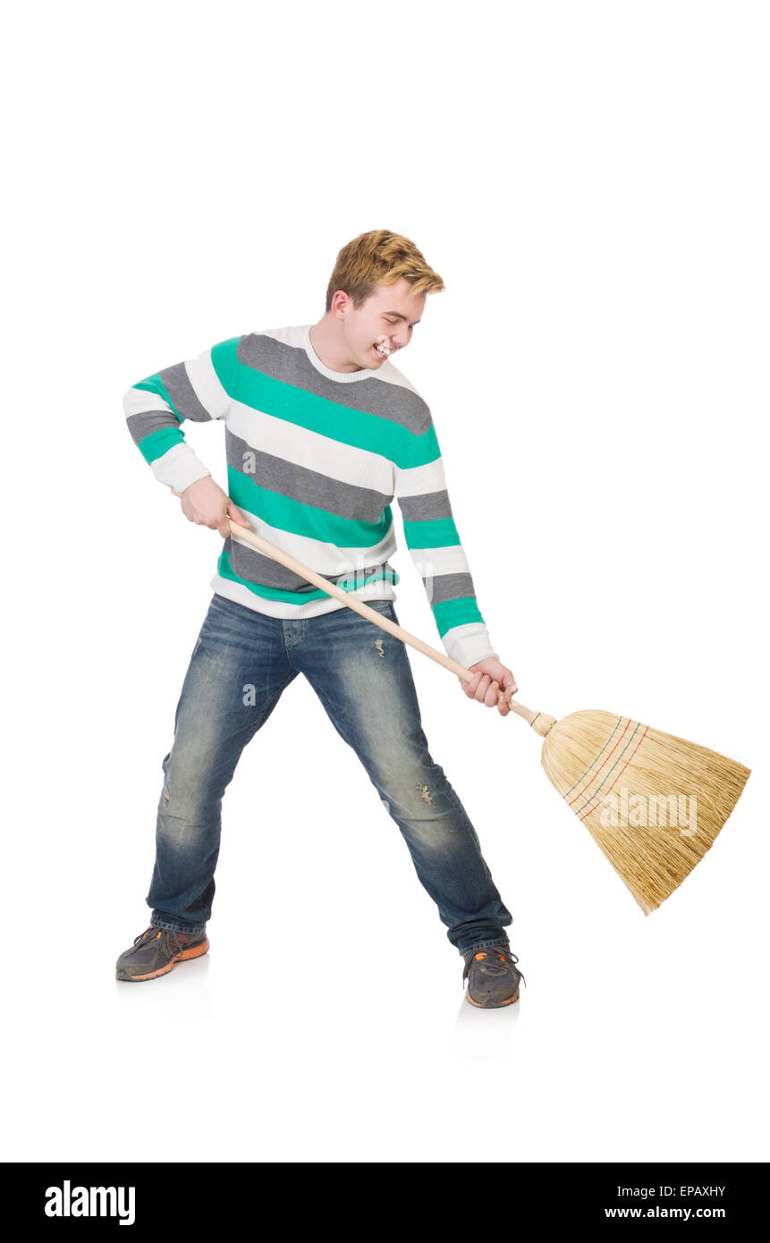 Funny man with mop isolated on white Stock Photo - Alamy