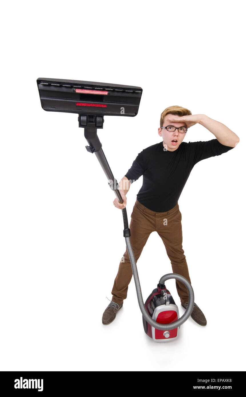 Funny man with vacuum cleaner on white Stock Photo - Alamy