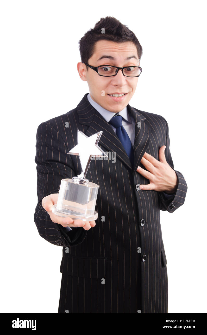 Funny guy receiving award on white Stock Photo - Alamy