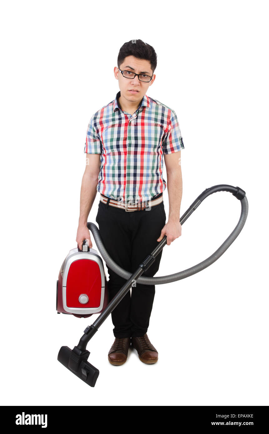 Funny man with vacuum cleaner on white Stock Photo - Alamy