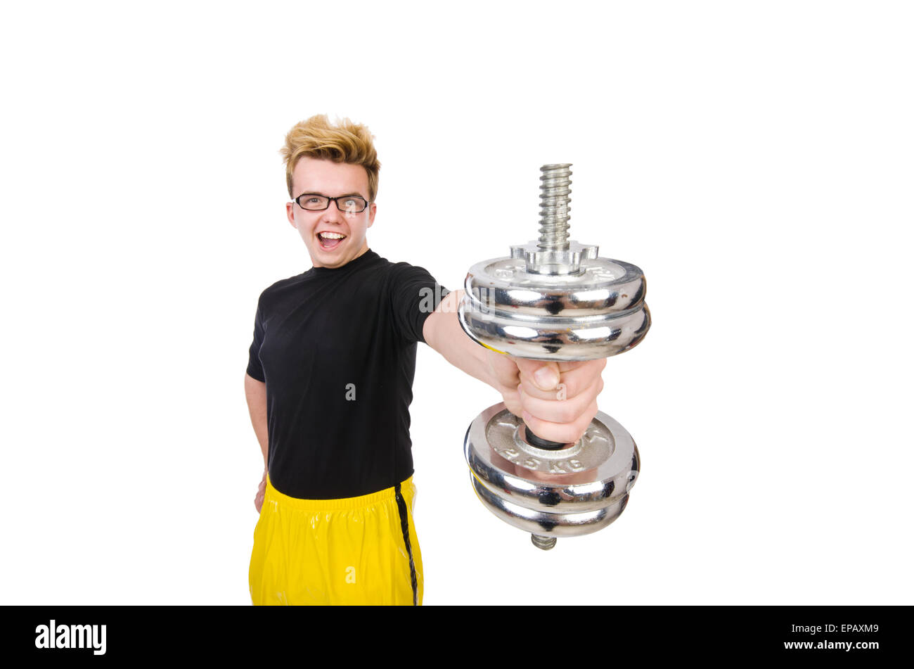 Funny guy with dumbbels on white Stock Photo - Alamy