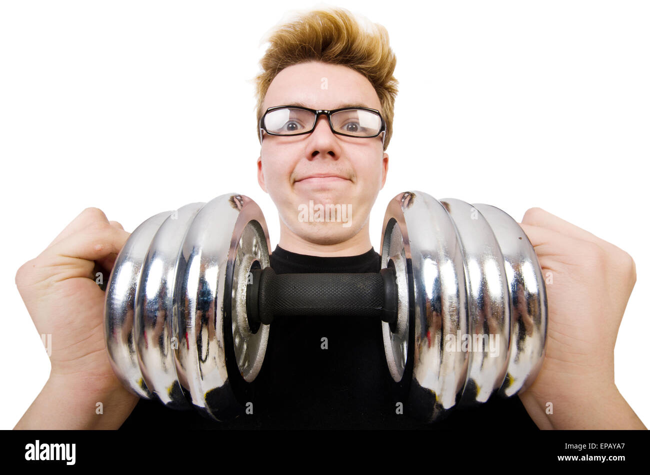 Funny guy with dumbbels on white Stock Photo - Alamy