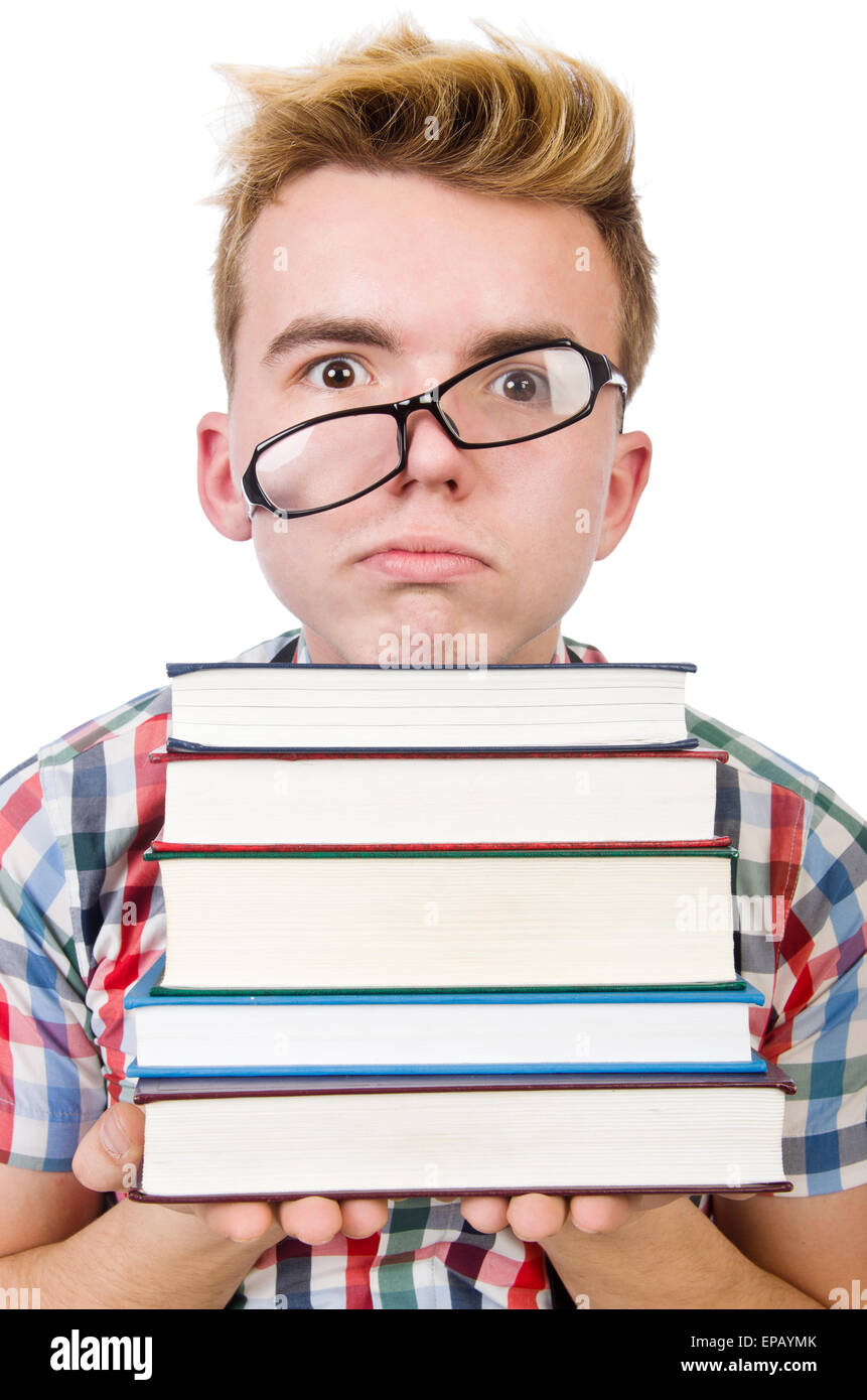 Funny student with stack of books Stock Photo - Alamy