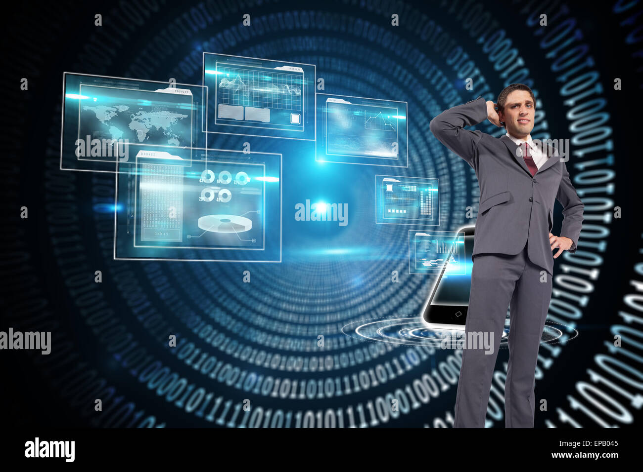 Composite image of thinking businessman scratching head Stock Photo - Alamy