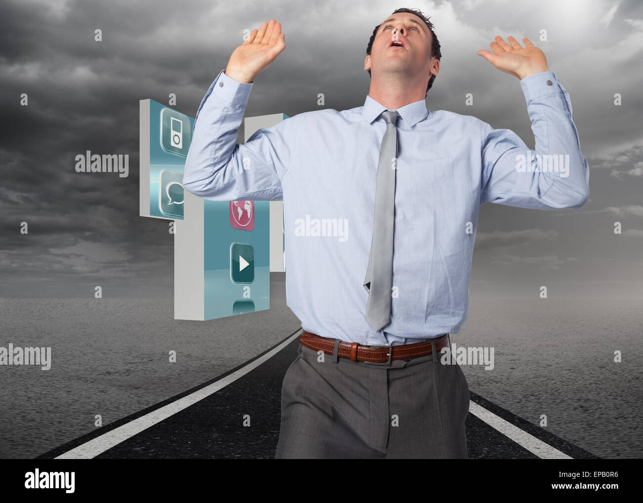 Composite image of businessman standing with arms pushing up Stock ...