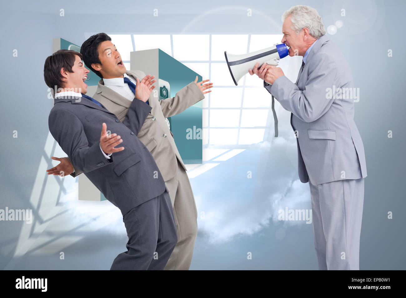 Composite image of senior salesman with megaphone yelling at his ...