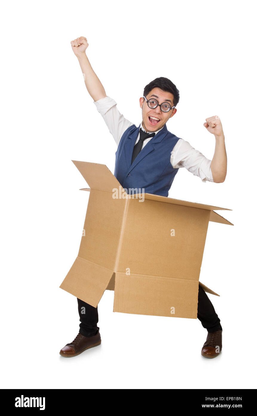 Man in thinking outside the box concept Stock Photo - Alamy