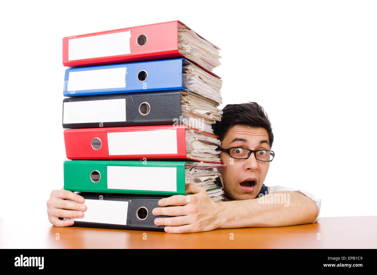 Funny man with lots of folders on white Stock Photo - Alamy