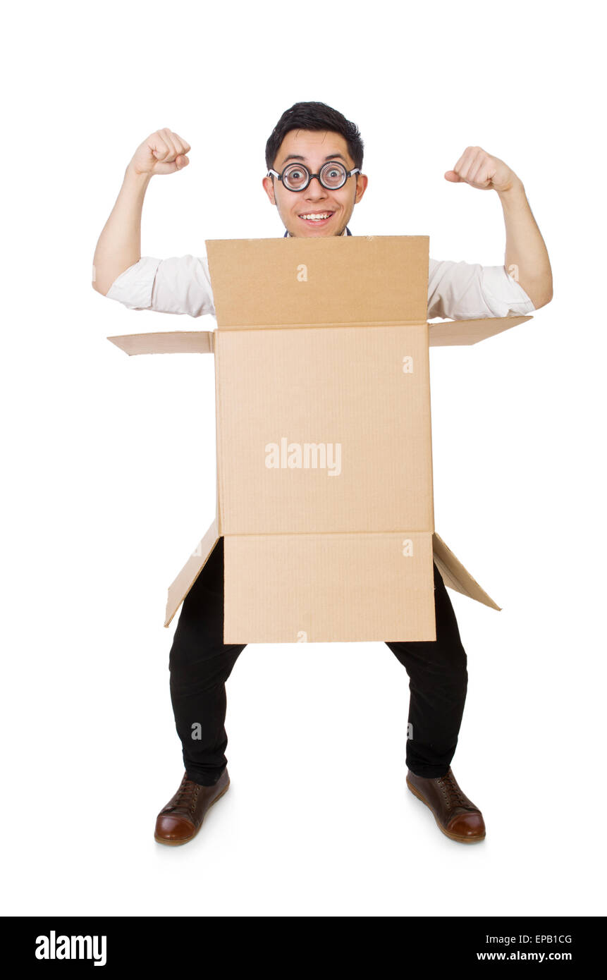 Man in thinking outside the box concept Stock Photo - Alamy