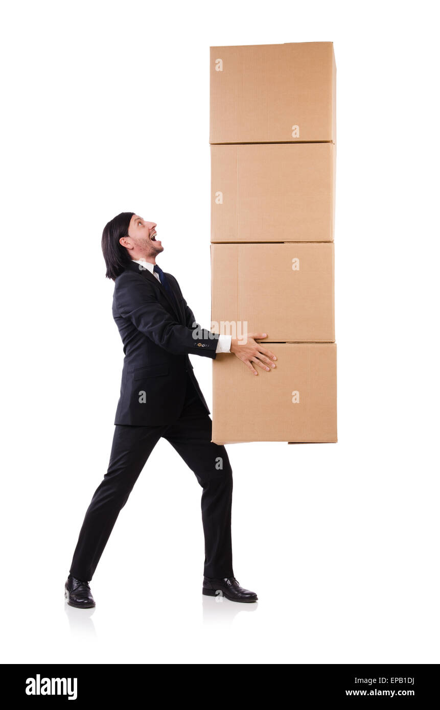 Funny man with boxes on white Stock Photo - Alamy