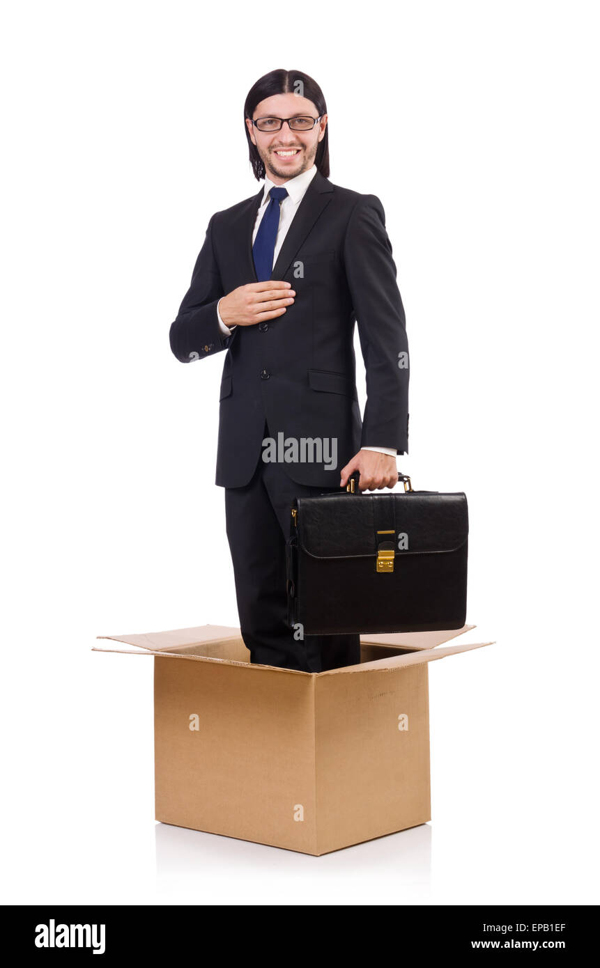 Man in thinking out of the box concept Stock Photo - Alamy