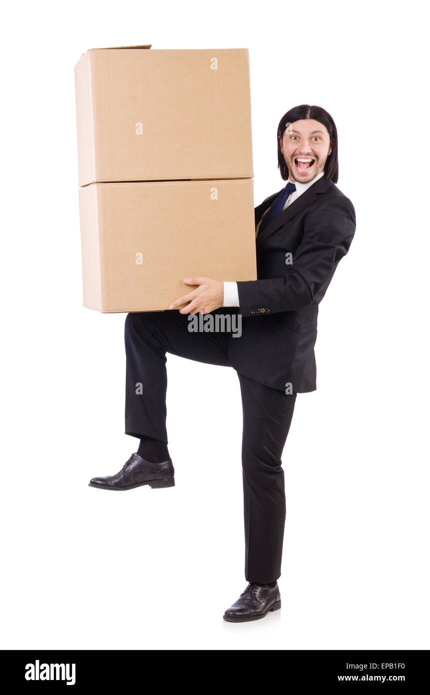 Funny man with boxes on white Stock Photo - Alamy