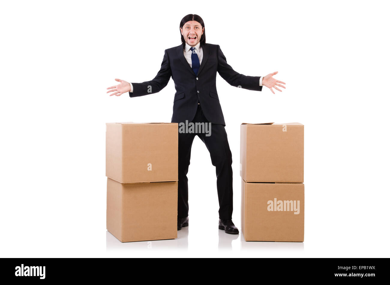 Funny man with boxes on white Stock Photo - Alamy