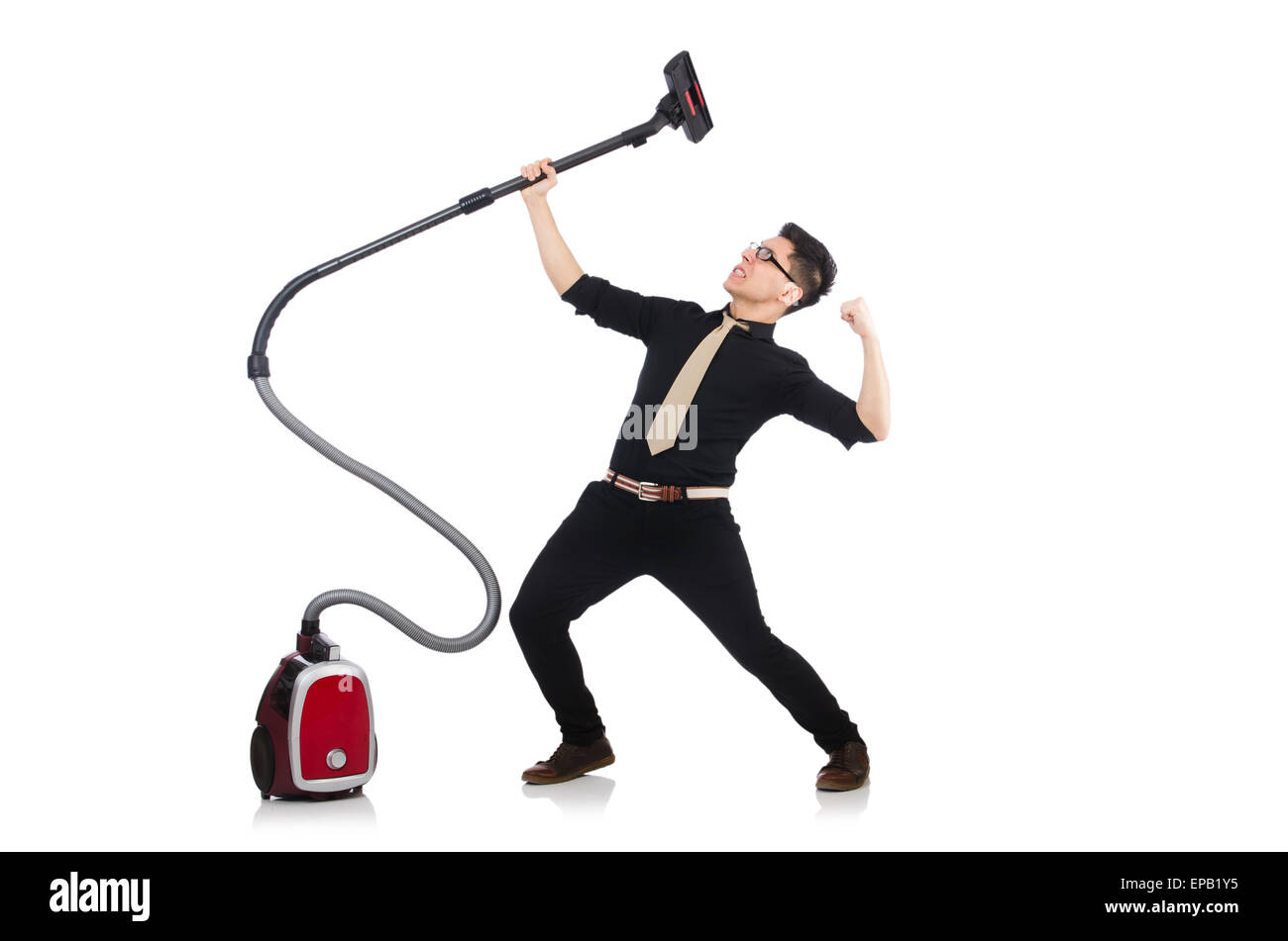 Man with vacuum cleaner isolated on white Stock Photo - Alamy