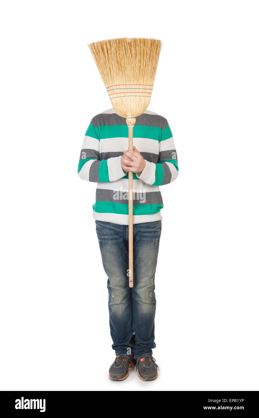 Funny man with mop isolated on white Stock Photo - Alamy