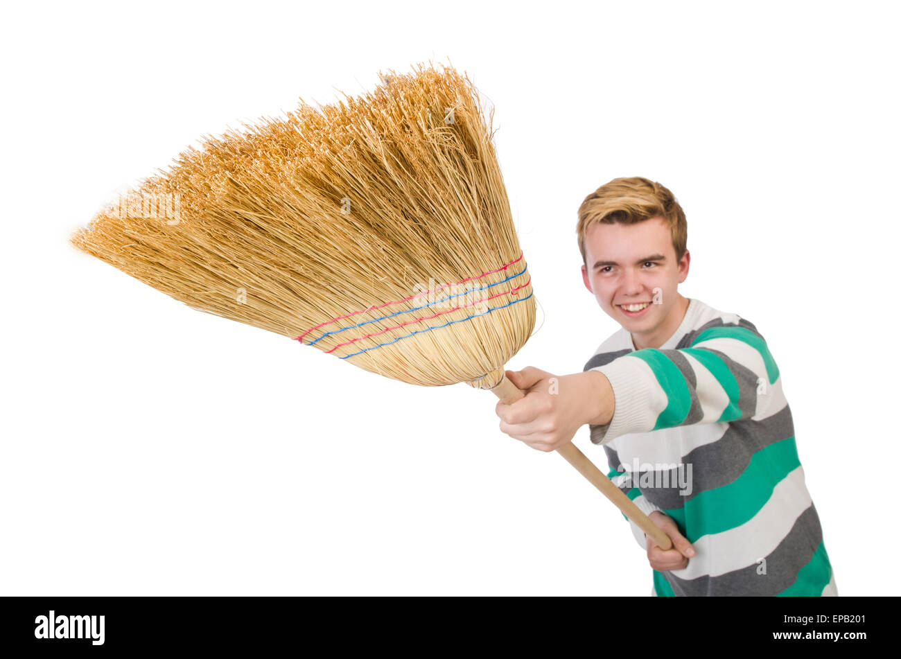 Funny man with mop isolated on white Stock Photo - Alamy