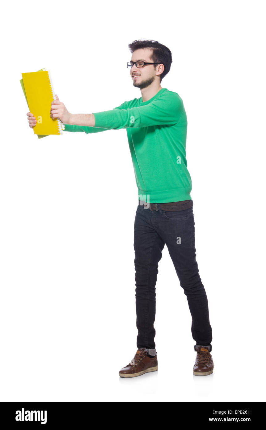 Young student with book on white Stock Photo - Alamy