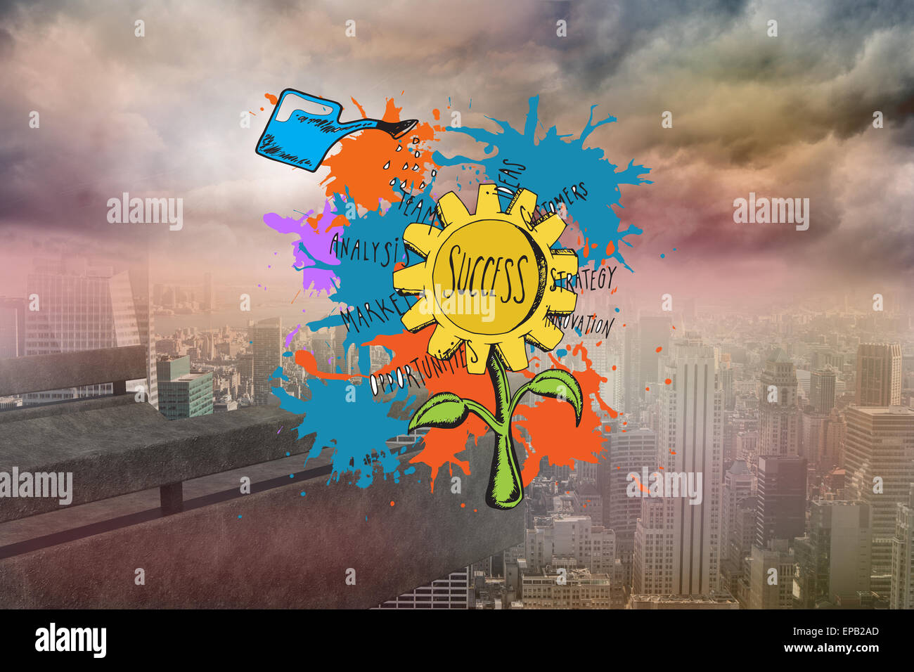 Success concept on paint splashes against energy design over landscape ...