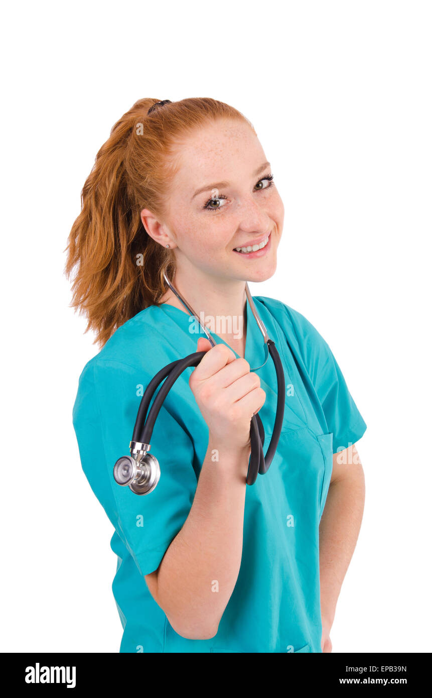 Young medical trainee with stethoscope isolated on white Stock Photo ...