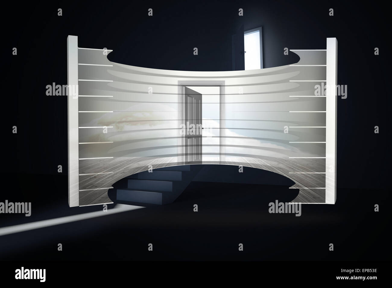 Composite image of open door in clouds on abstract screen Stock Photo ...